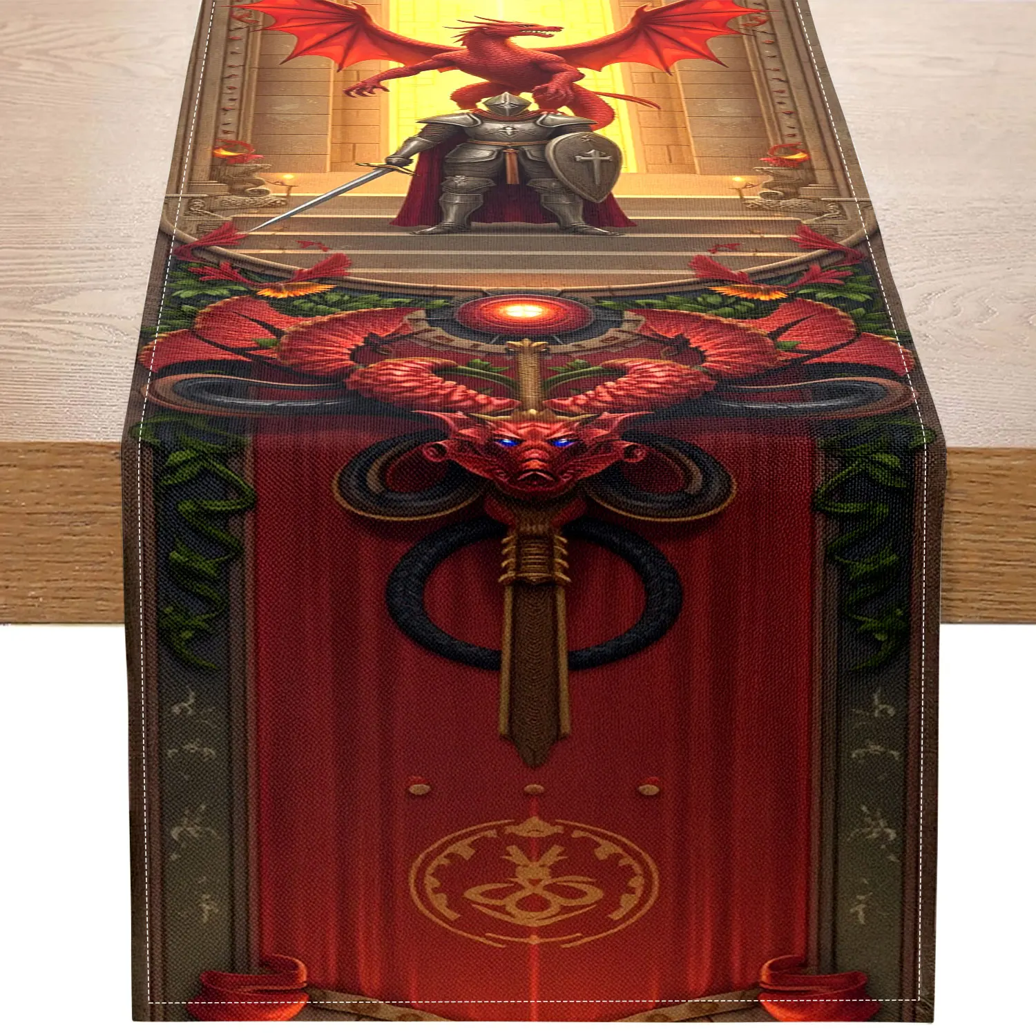 1 Piece of Dragon and Knight Themed Table Runner, Decorated with Red ...