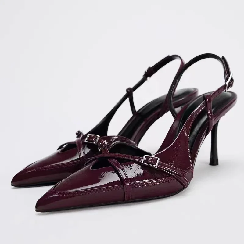 TRAF Women Leather Footwear Buckle Pumps Red Pointed Toe Slingback High ...