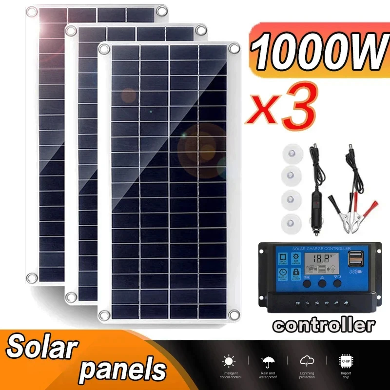 1000W Flexible Solar Panel 12V Battery Charger Dual USB With 60A 100A ...