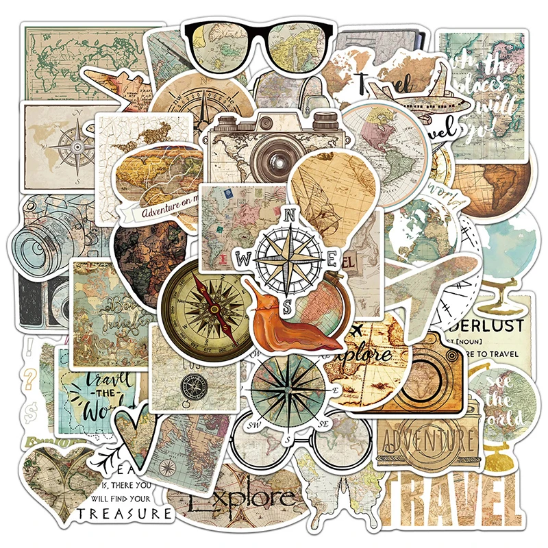 50PCS Retro Travel Map PVC Graffiti Stickers Aesthetic Decoration Diary ...