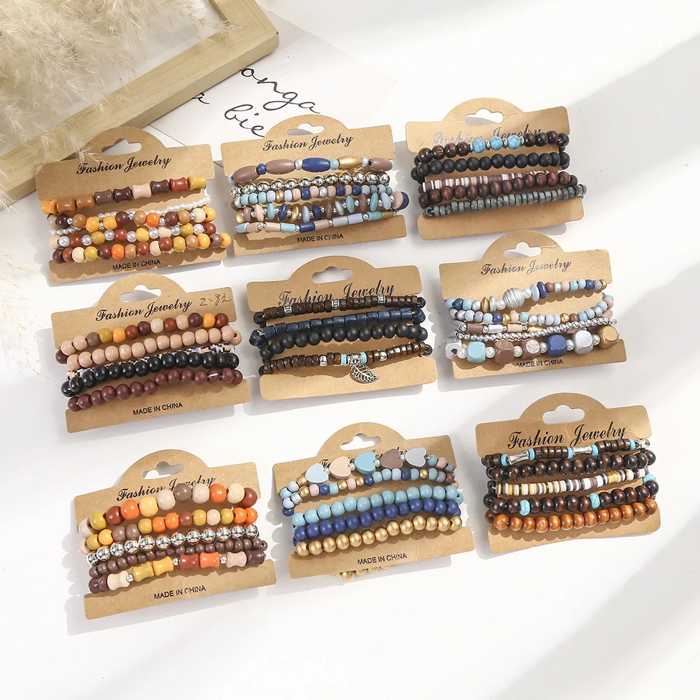 LATS New Bohemian Multi-Layer Handmade Wooden Bead Elastic Bracelets ...