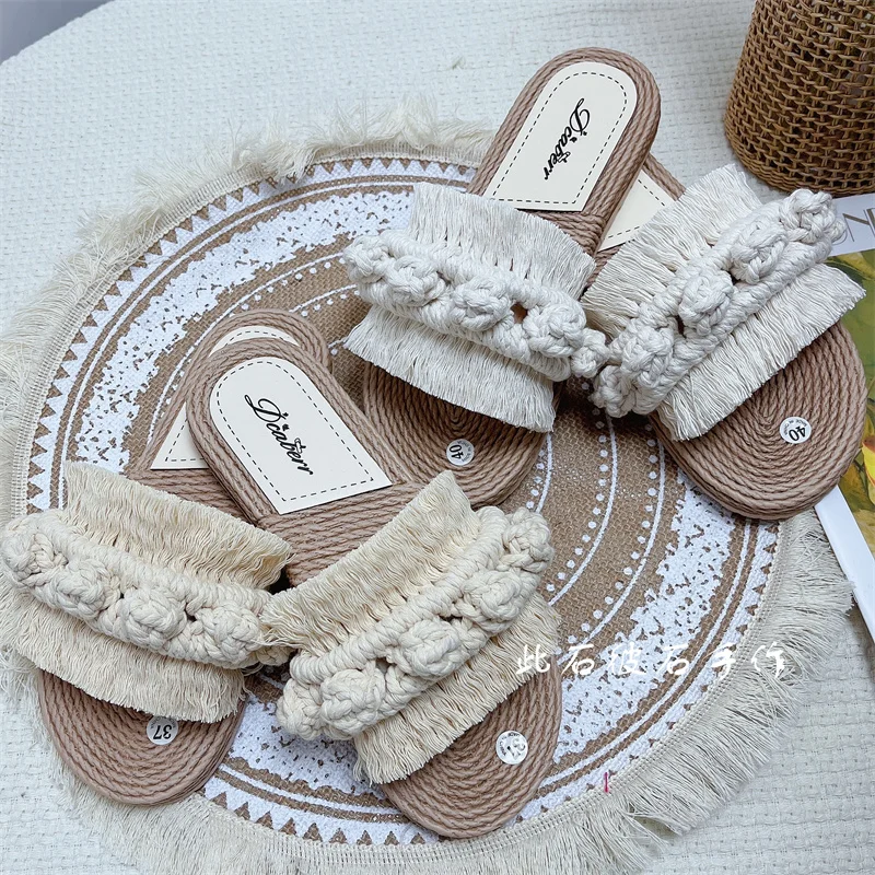 FHC 2024 New Macrame Hand Made Women Slippers,Casual Flax Slides,Summer ...