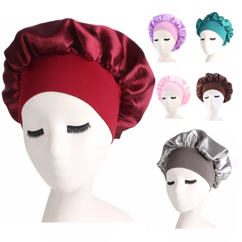 New-Fashion-Night-Sleep-Cap-Wide-Elastic-Hair-Care-Hat-Satin-Solid-Head ...