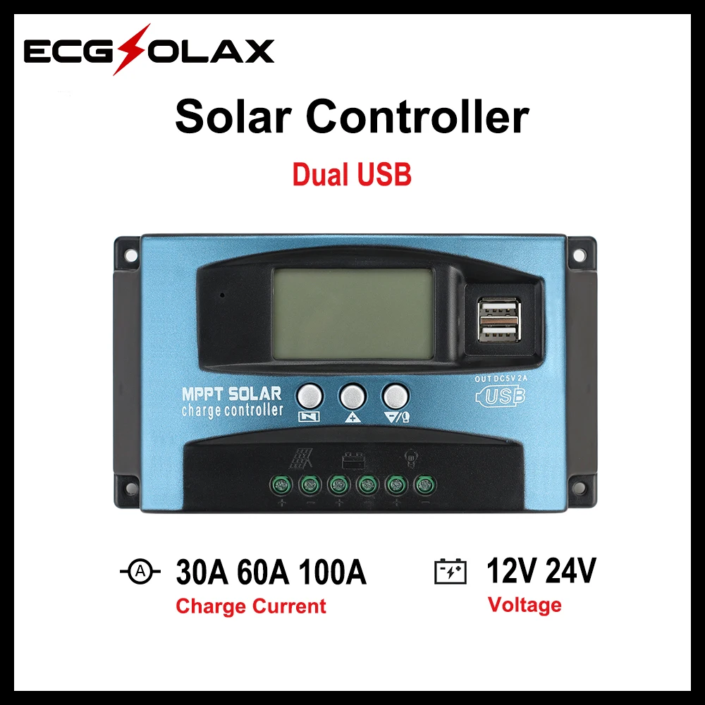 ECGSOLAX 30/60/100A MPPT Solar Controller Battery Charger Auto LCD Display Dual USB Solar Panel ...