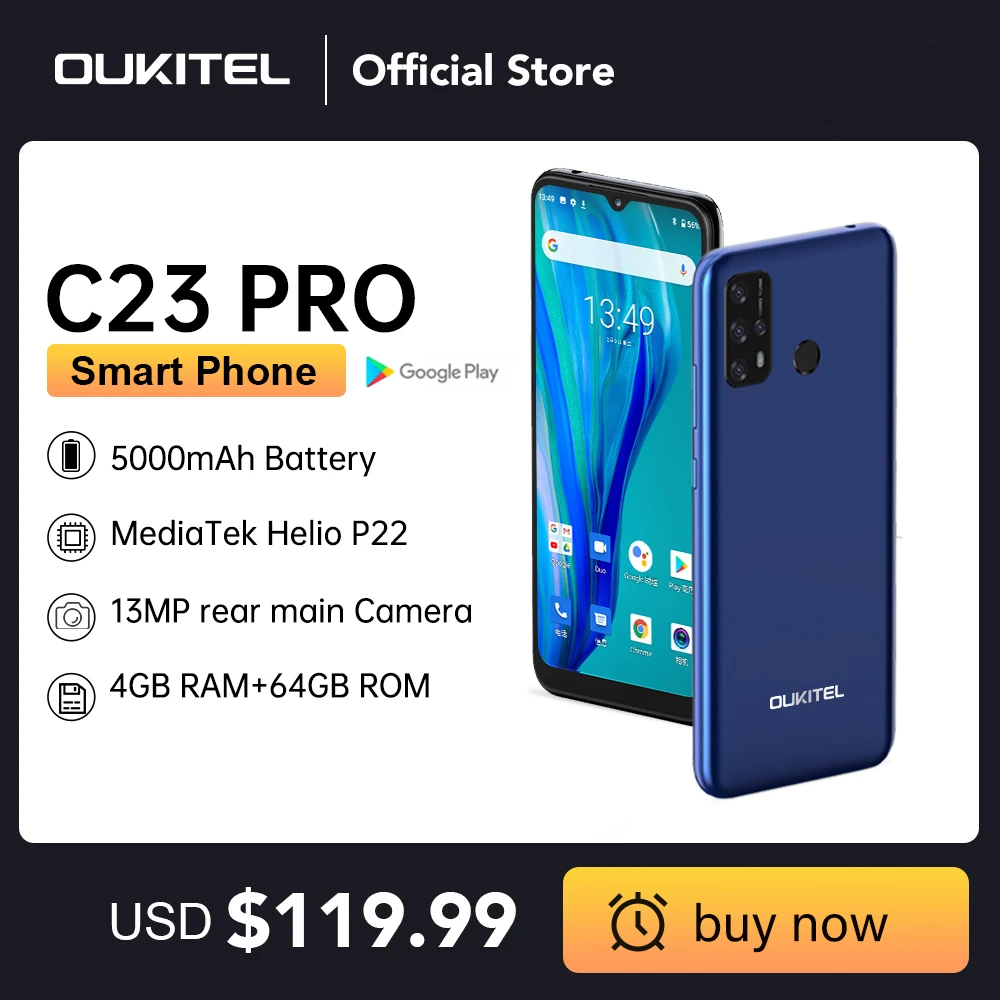 Oukitel C23 pro 4G LTE Smartphone 4GB+64GB 6.53"+HD 5000mAh MT6762V/WB Android 10.0 Mobile phone ...