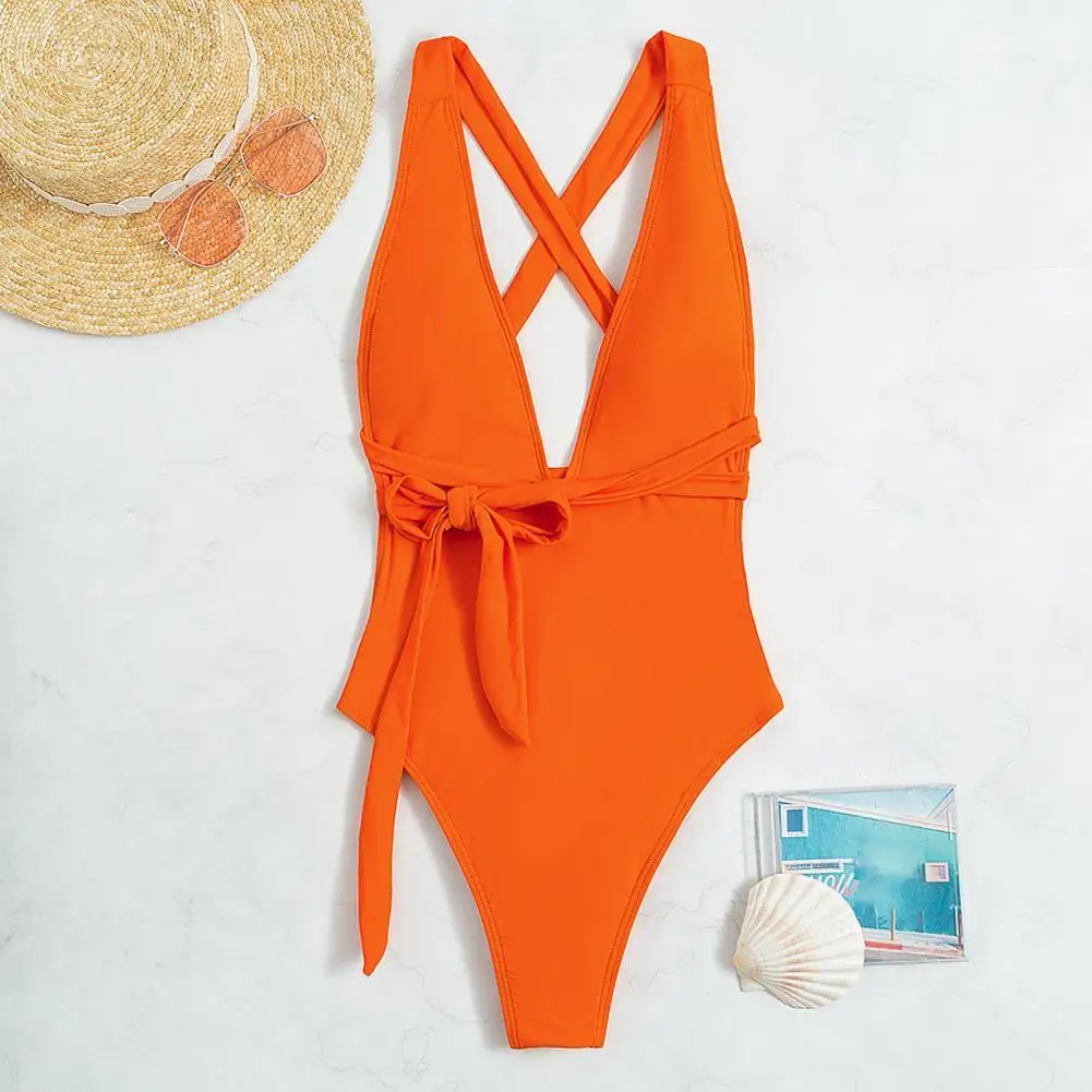 Ladies-Chic-Orange-Lace-up-Bathing-Suit-One-Piece-Women-Swimsuit-Solid ...