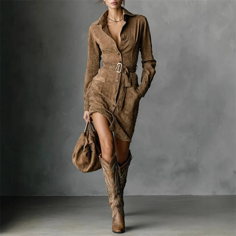 Single-Breasted Lapel Shirt Dress Autumn Suede Mini With Pockets Long ...