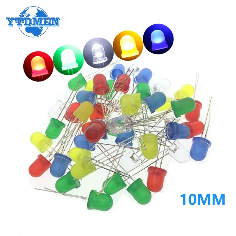 50PCS-LED-Diode-10mm-5-colors-White-Red-Blue-Green-Yellow-Lighting-Bulb-Electronics-Component ...