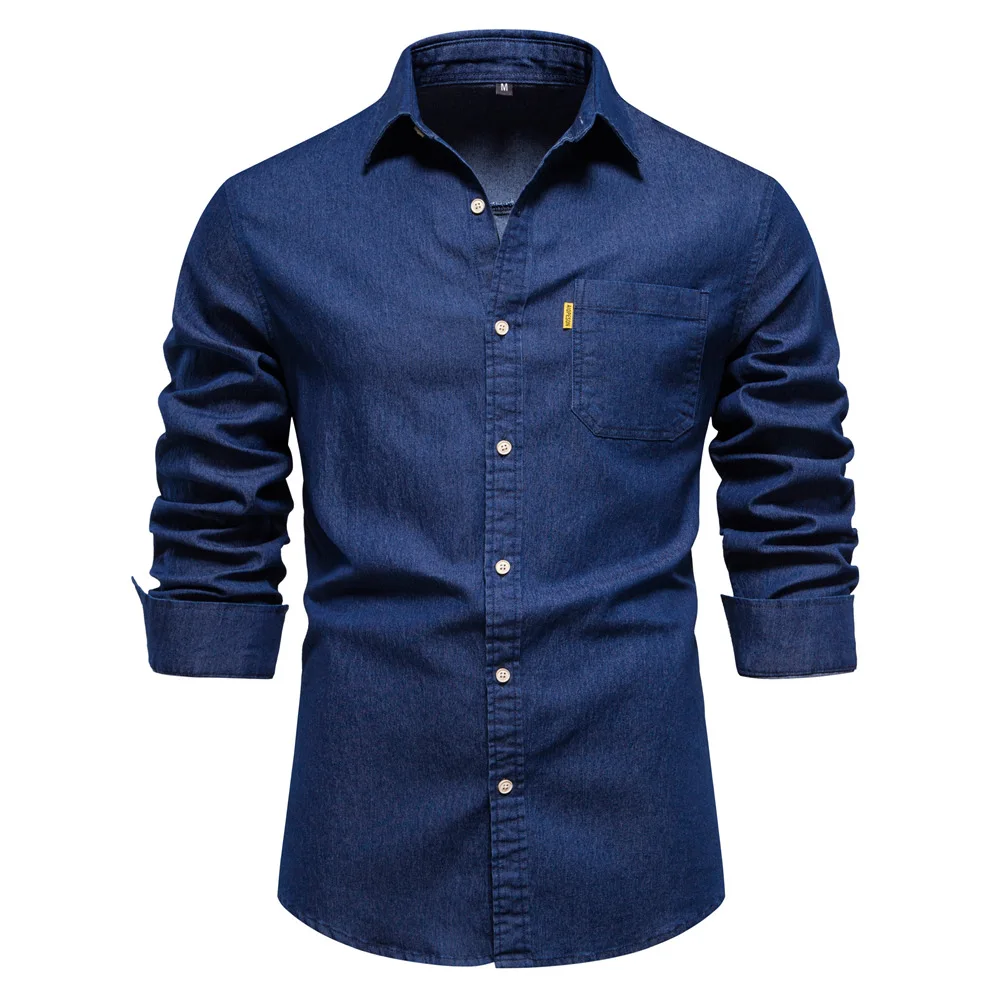 spring-Autumn-New-Cotton-Men-s-Denim-Shirt-Solid-Color-Single-Pocket ...
