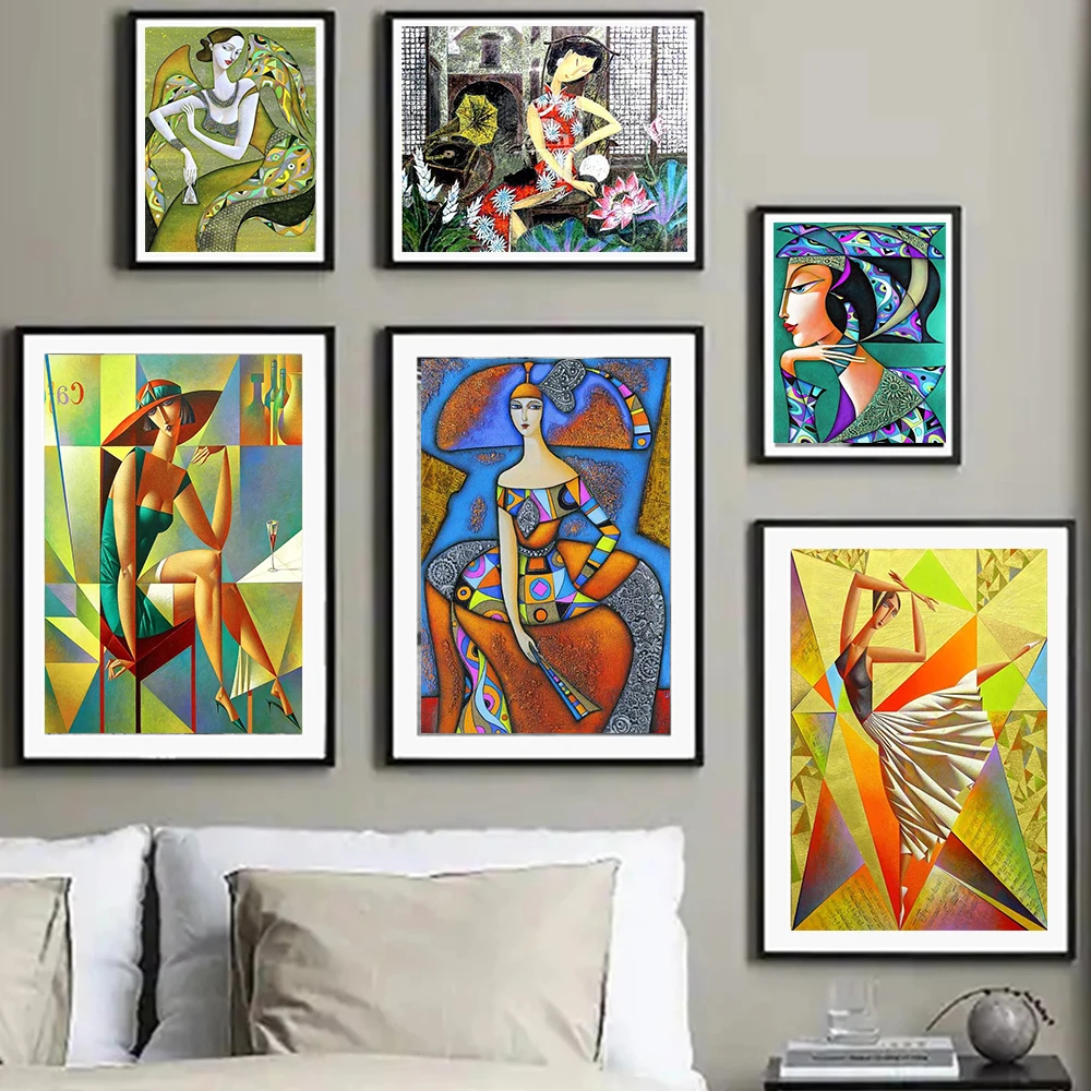 Abstract Woman Portrait Canvas Painting Wall Art Colorful Geometric ...