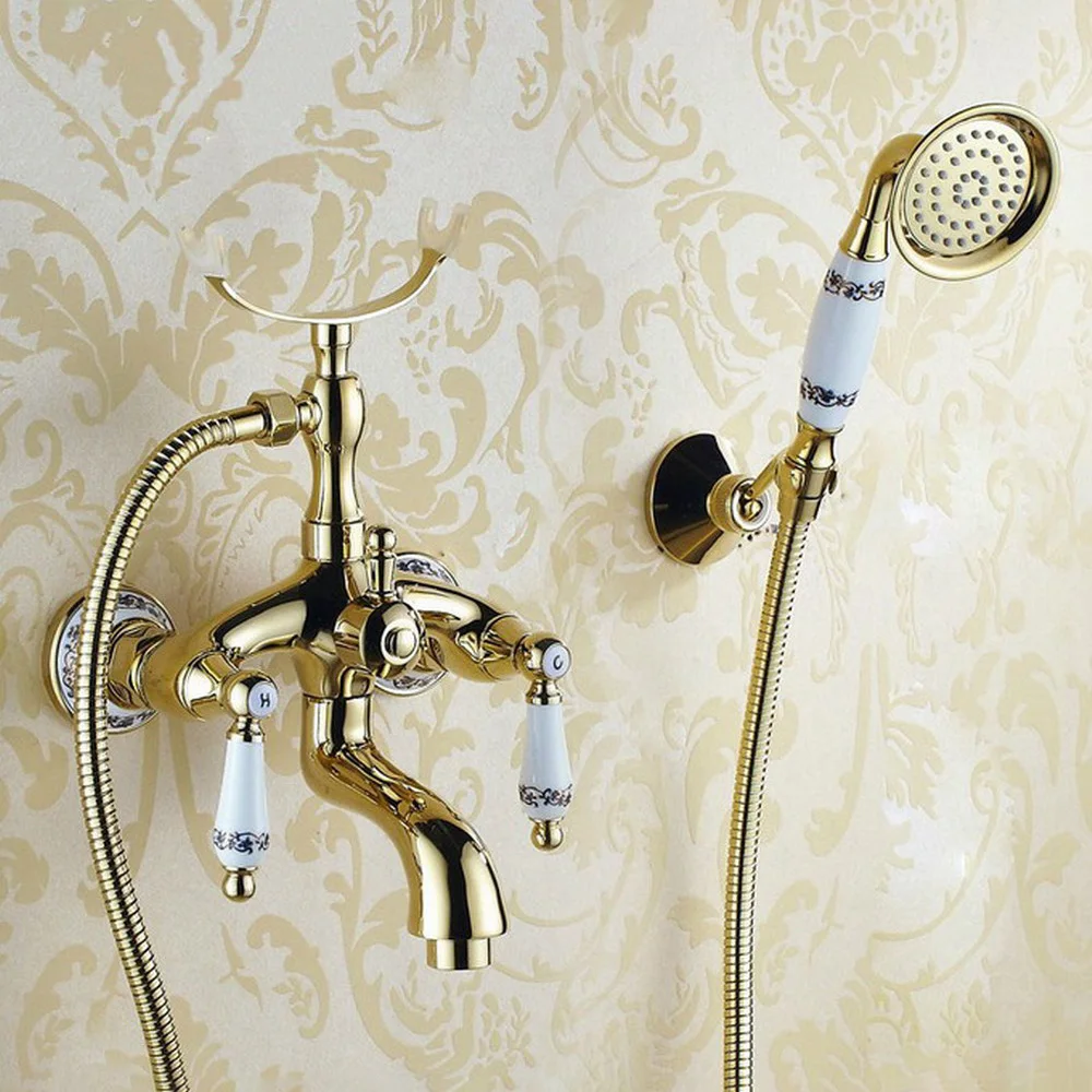Polished-Luxury-Gold-Color-Brass-Wall-Mount-Bathroom-Tub-Faucet-Set ...