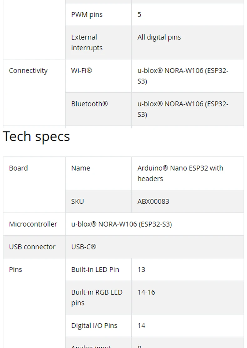 ARDUINO NANO ESP32 ABX00092 u-blox NORA-W106 (ESP32-S3) development ...