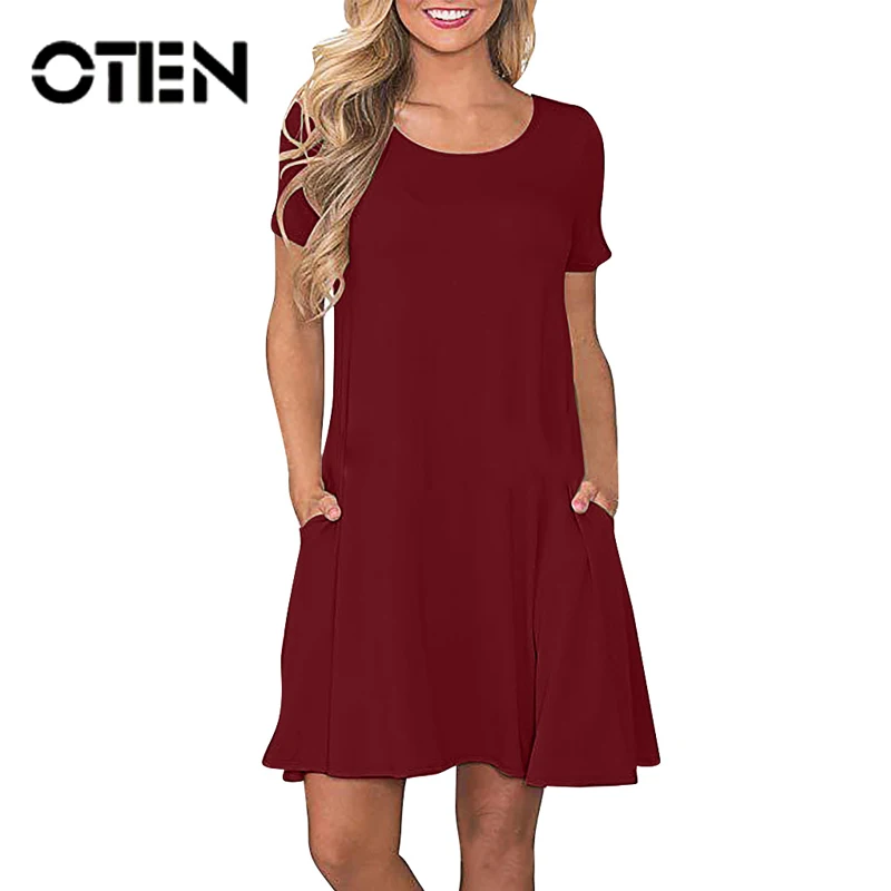 OTEN Casual Summer Dresses Women 2020 Short Sleeves Loose Solid Color ...