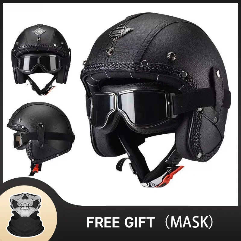 DOT-Approved-Vintage-Leather-Motorcycle-Helmet-Retro-Open-Face-Chopper ...