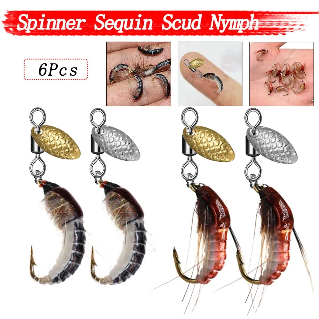 6Pcs Spinner Sequin Scud Nymph Scud Lure Fly for Trout Fishing ...