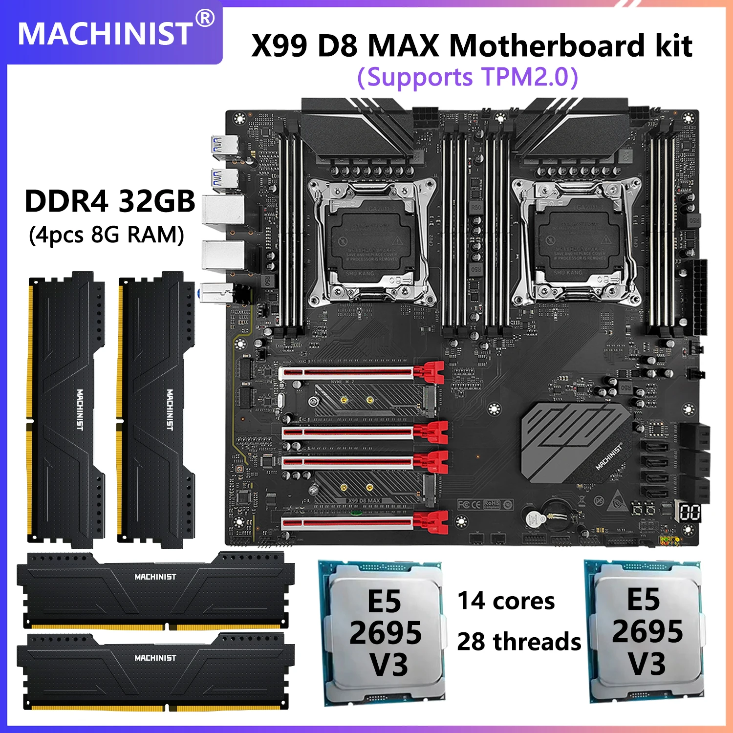 MACHINIST D8 MAX X99 デュアルCPUゲーミングマザーボードキット インテル Xeon E5 2695 V3*2&DDR4 ...