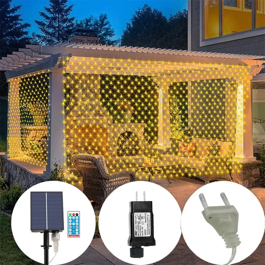 Solar or EU Plug Net Light Mesh Fairy Lights Waterproof Garland With 8 ...