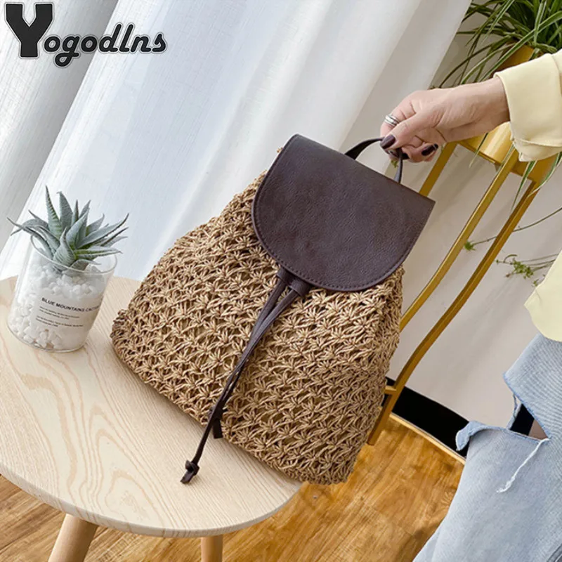 Women-Backpack-Drawstring-Female-Fashion-Straw-Bag-Summer-Beach-Hollow ...