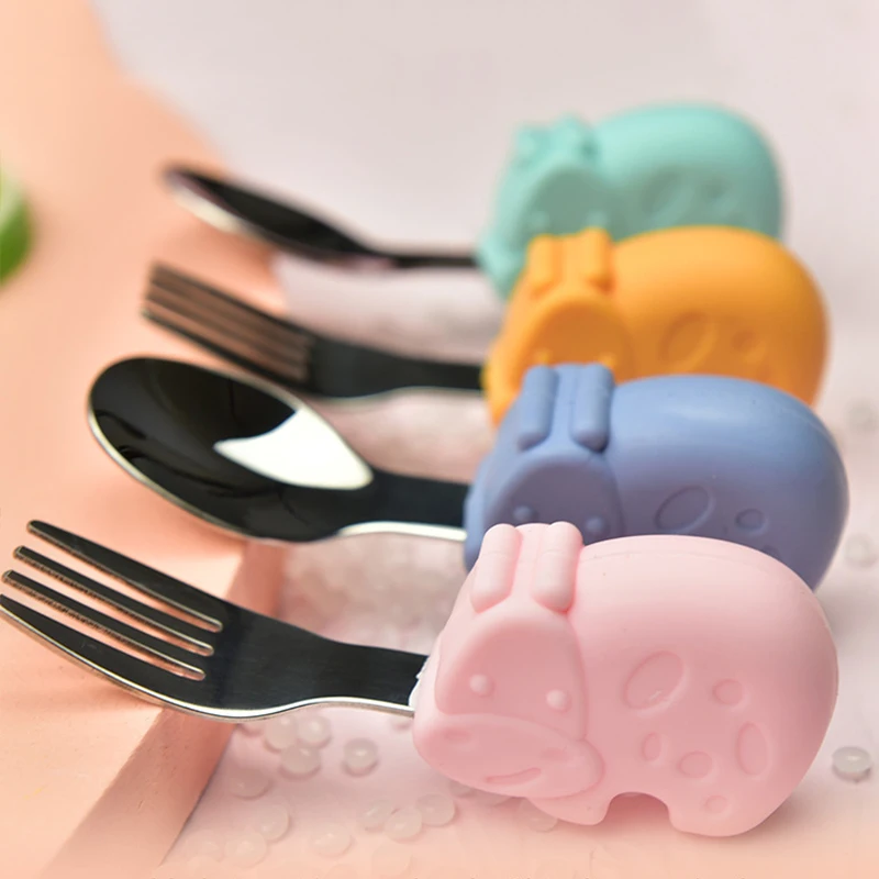 Hippo Snail Whale Silicone Baby Spoon and Fork 316 Stainless Steel ...