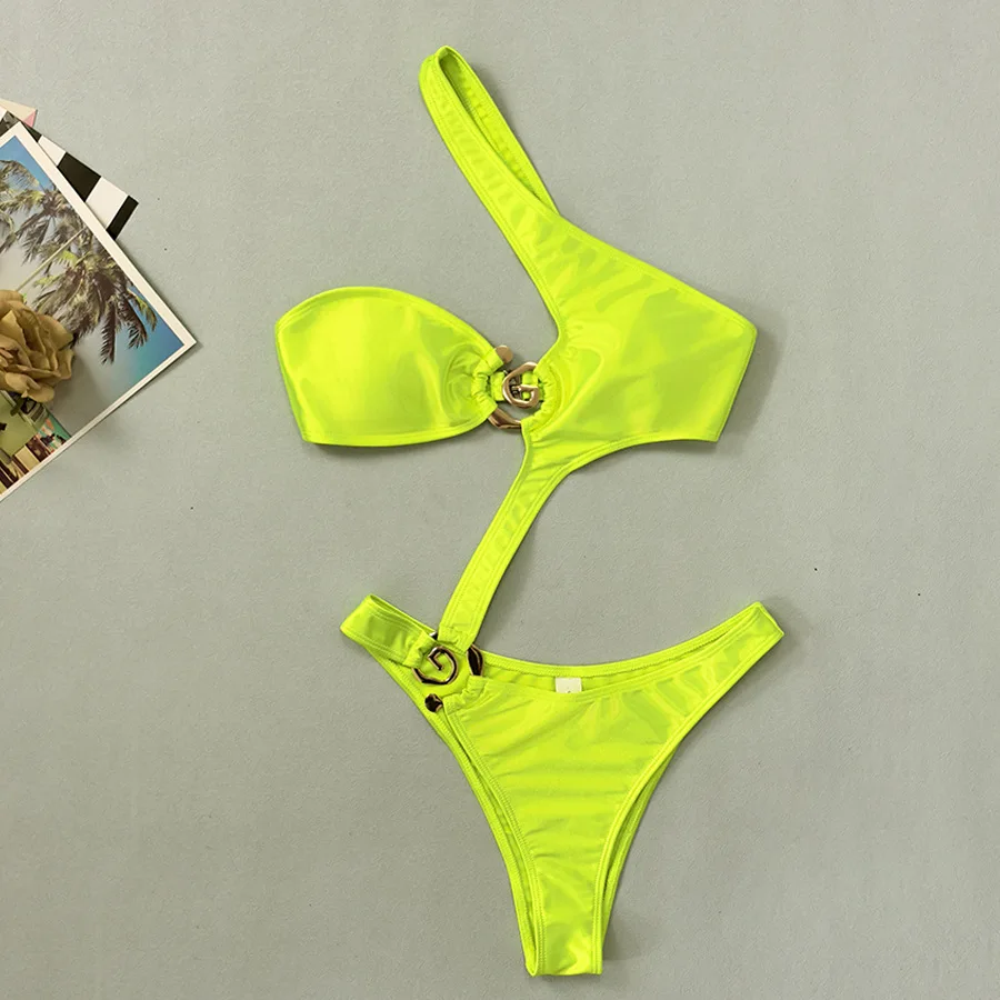 Neon Yellow One Shoulder Swimwear Sexy One Piece Swimsuit Woman 2026 ...