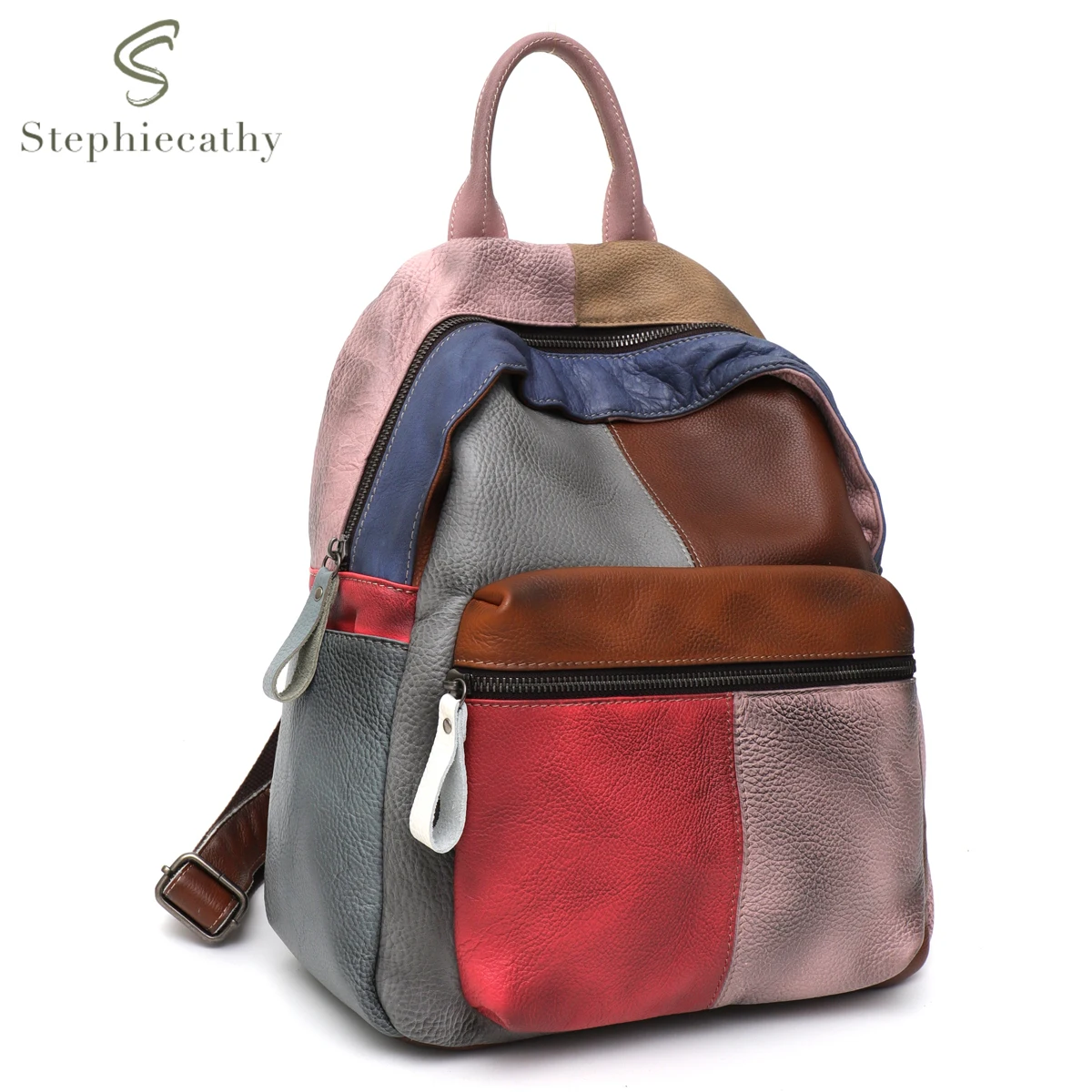 Painted-Color-Genuine-Leather-Patchwork-Backpack-Women-Large-Capacity ...