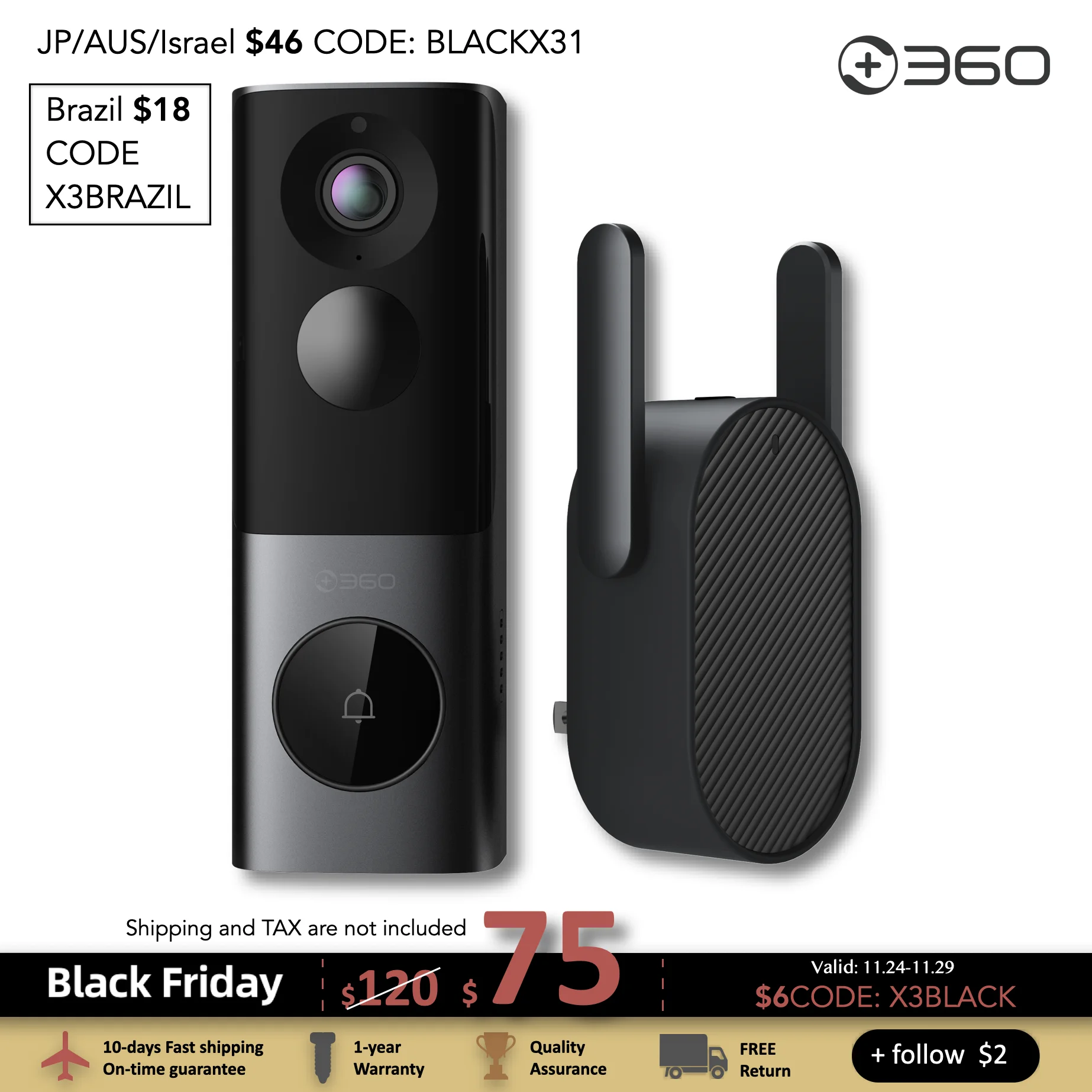 360 X3 Smart Home Video Doorbell Wireless WiFi Door Bell 5MP 1920P ...