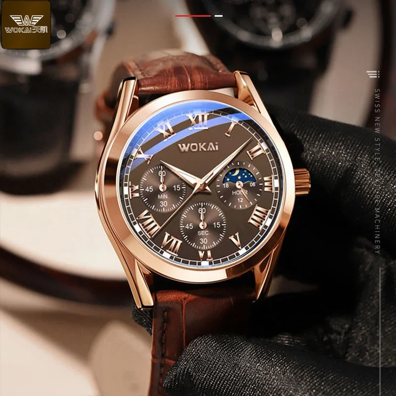 WOKAI Fashion Casual Business Watches Men Brown Sports Watches Leather ...