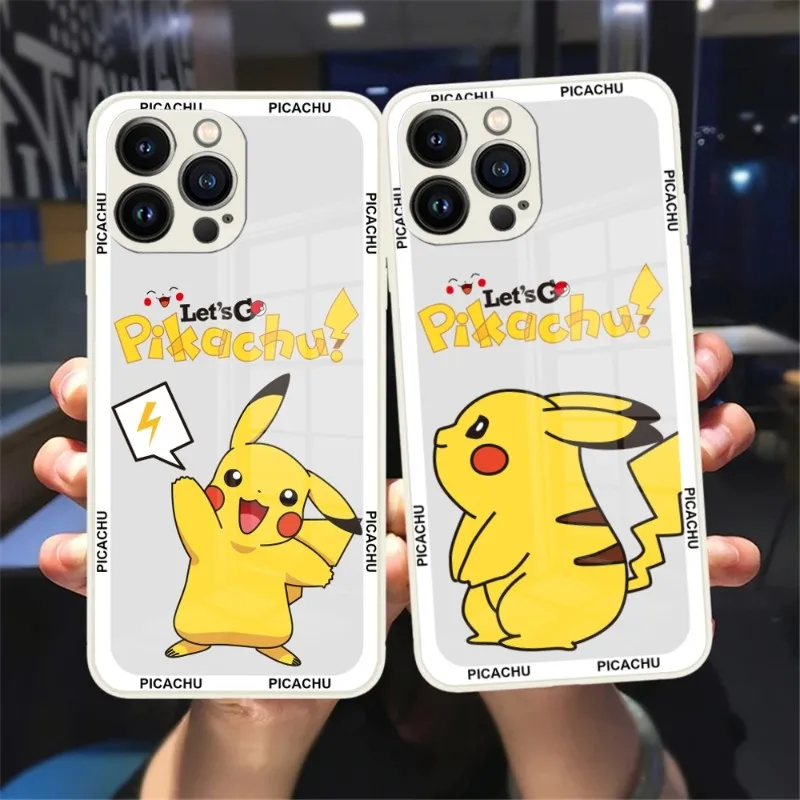 Pikachu-Pkemon-Anime-Phone-Case-Black-White-Glass-For-IPhone-13-14-12 ...