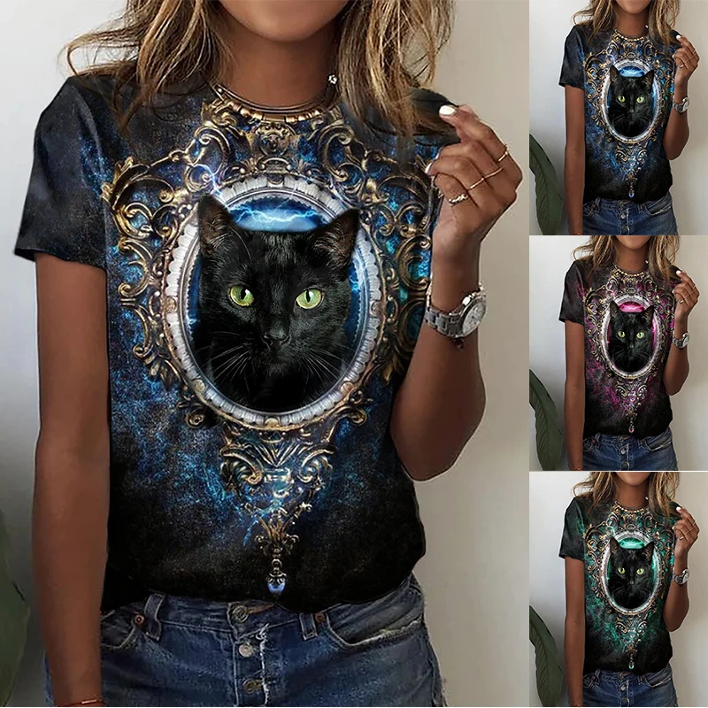 2022-Summer-Elegant-Women-s-Cute-3D-Cat-Printed-Tee-Shirts-Casual-Round ...