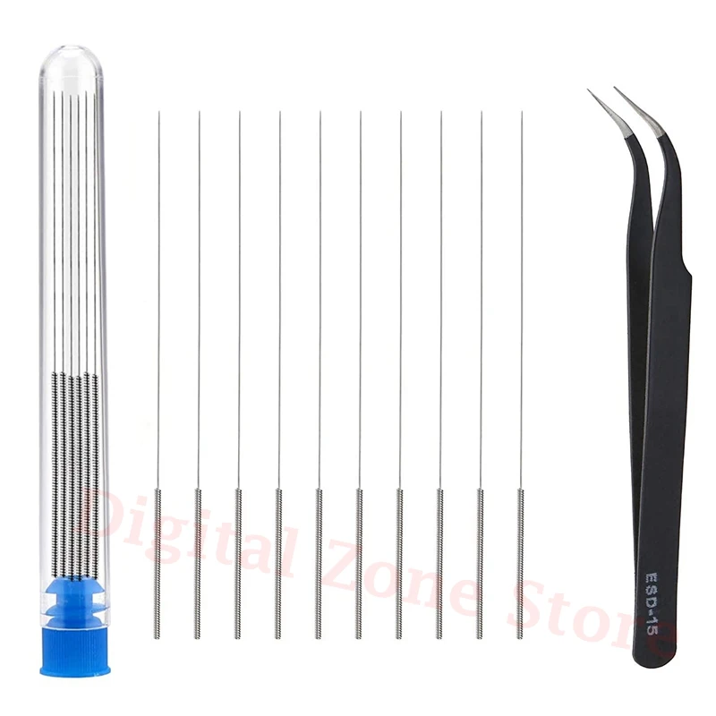 10Pcs-0-4-mm-Needles-Cleaner-Pin-and-Tweezers-Tool-kit-Stainless-Steel ...