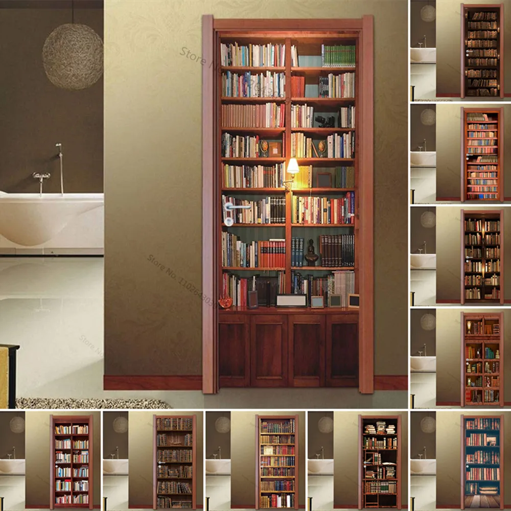 Candle-Bookcase-Library-Door-Art-Mural-Sticker-Living-Room-Corridor ...
