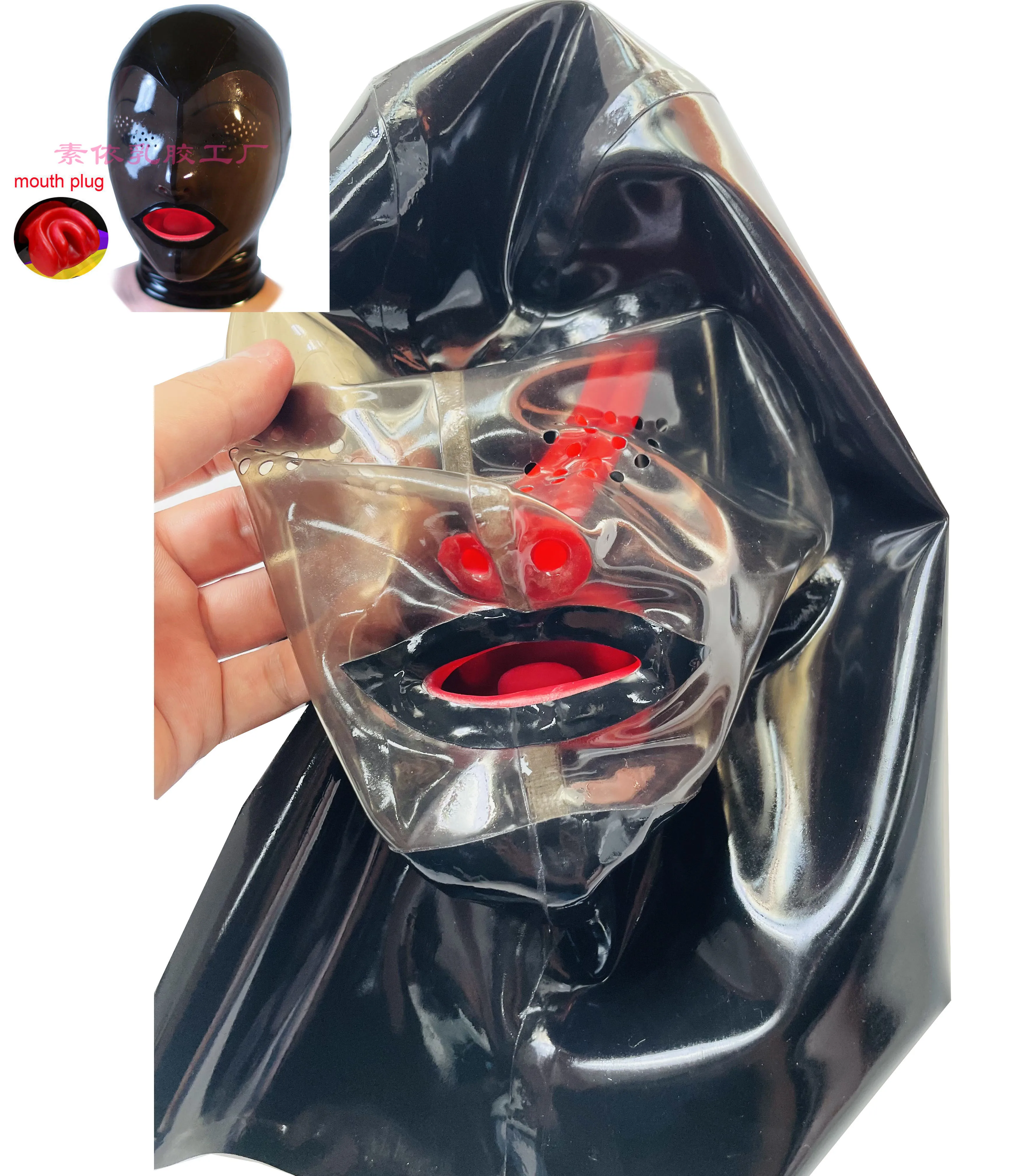 Black &Transparent Latex mask with red teeth and 15cm nose tube mesh ...