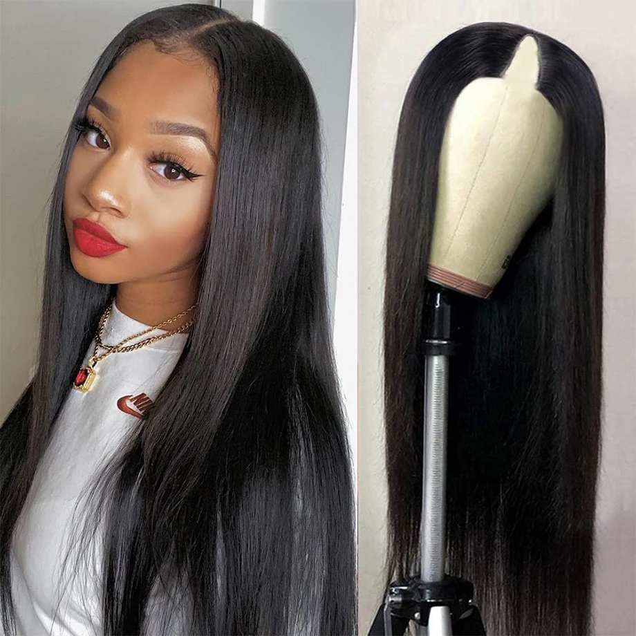 V Part Wig Human Hair Wigs For Black Women Peruvian Straight No Leave ...