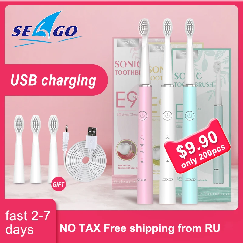 SEAGO Electric Toothbrush Sonic Rechargeable Travel Waterproof Electronic Tooth 8 Brushes Soft ...