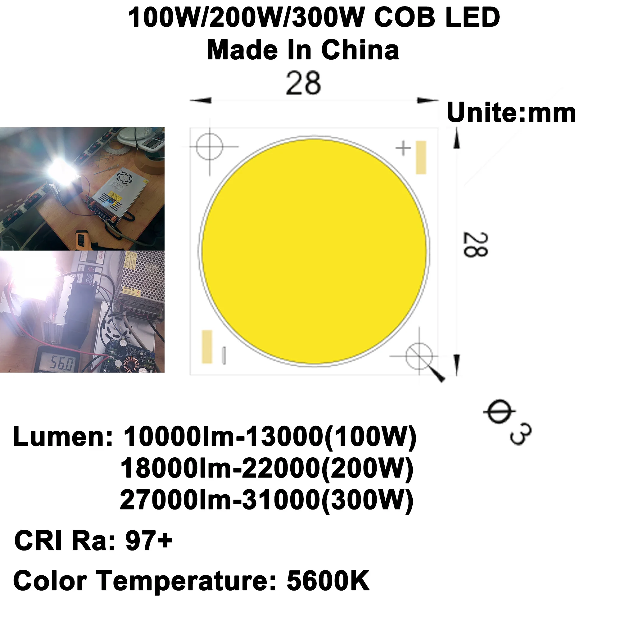 High CRI Ra 95-97 100W 200W 300W 28mm COB LED Ultra Bright Daylight ...
