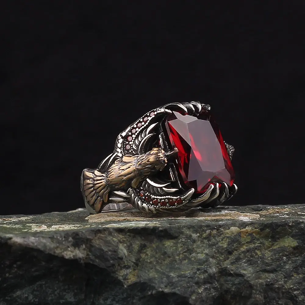 925-Sterling-Silver-Turkish-Handmade-Jewelry-Eagle-Motif-Red-Zircon-Men ...