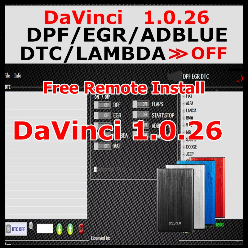 Newest Davinci 1.0.26 PRO DPF EGR DTC FLAPS ADBLUE OFF SOFTWARE CHIPTUNING REMAPPING DAVINCI ...