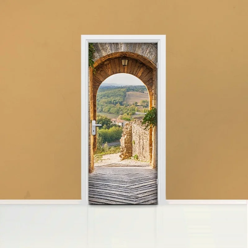 Hot-Door-Mural-Village-Countside-Arch-Door-Sticker-DIY-Self-adhesive ...