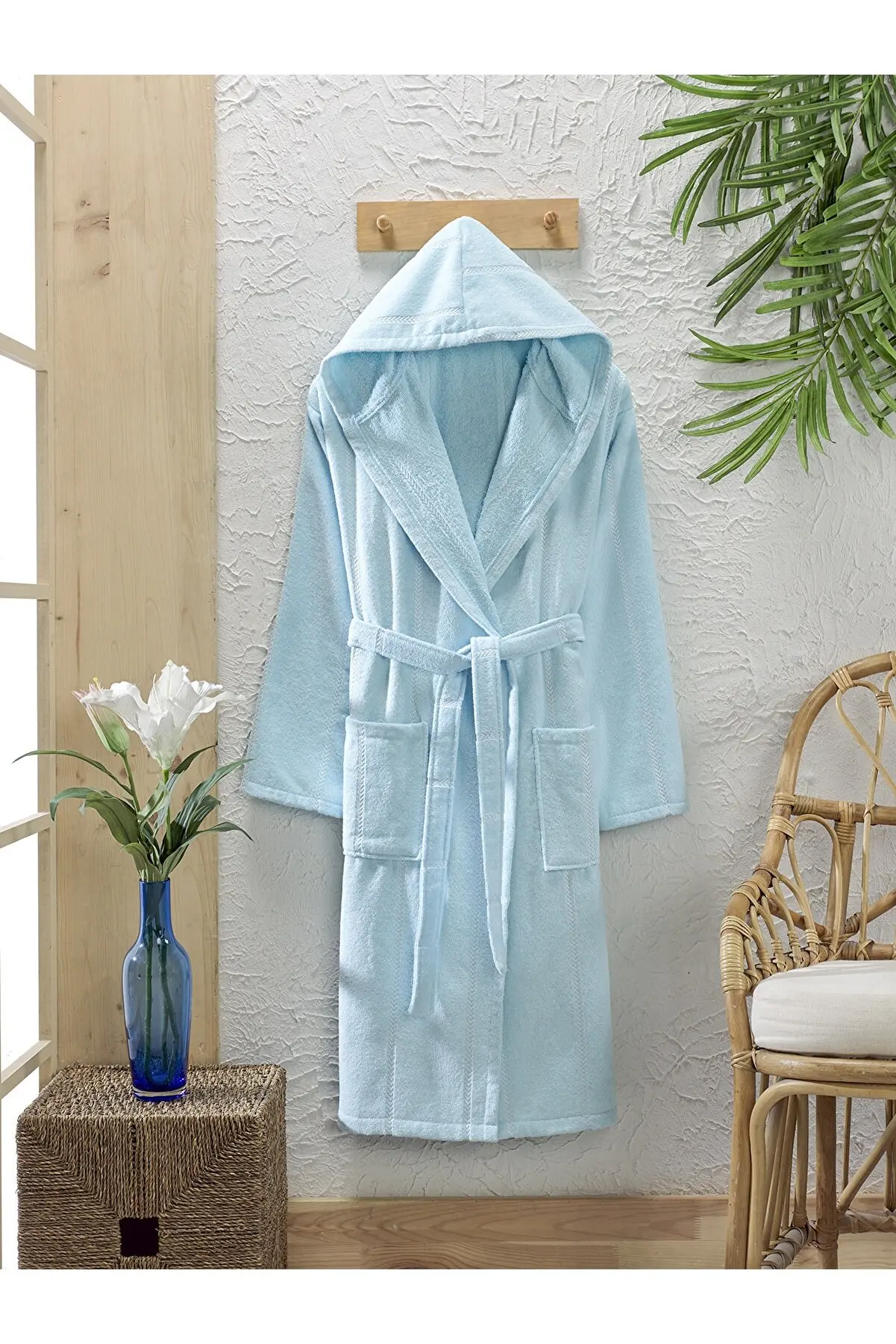Luxury Cotton Sky Blue Bathrobe For Men For Women With Hooded And Belt ...