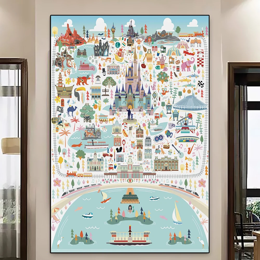Disney Magic Kingdom Cartoon Canvas Painting Disneyland Abstract Map ...