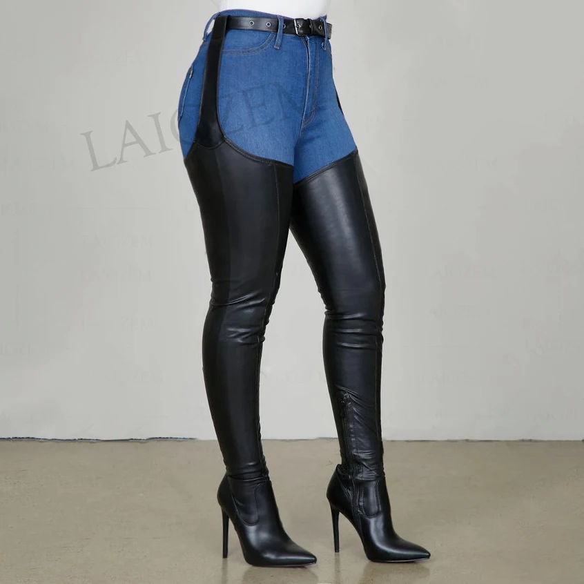 LAIGZEM Women Thigh High Chap Boots Waist Belt Side Zip Stiletto High ...