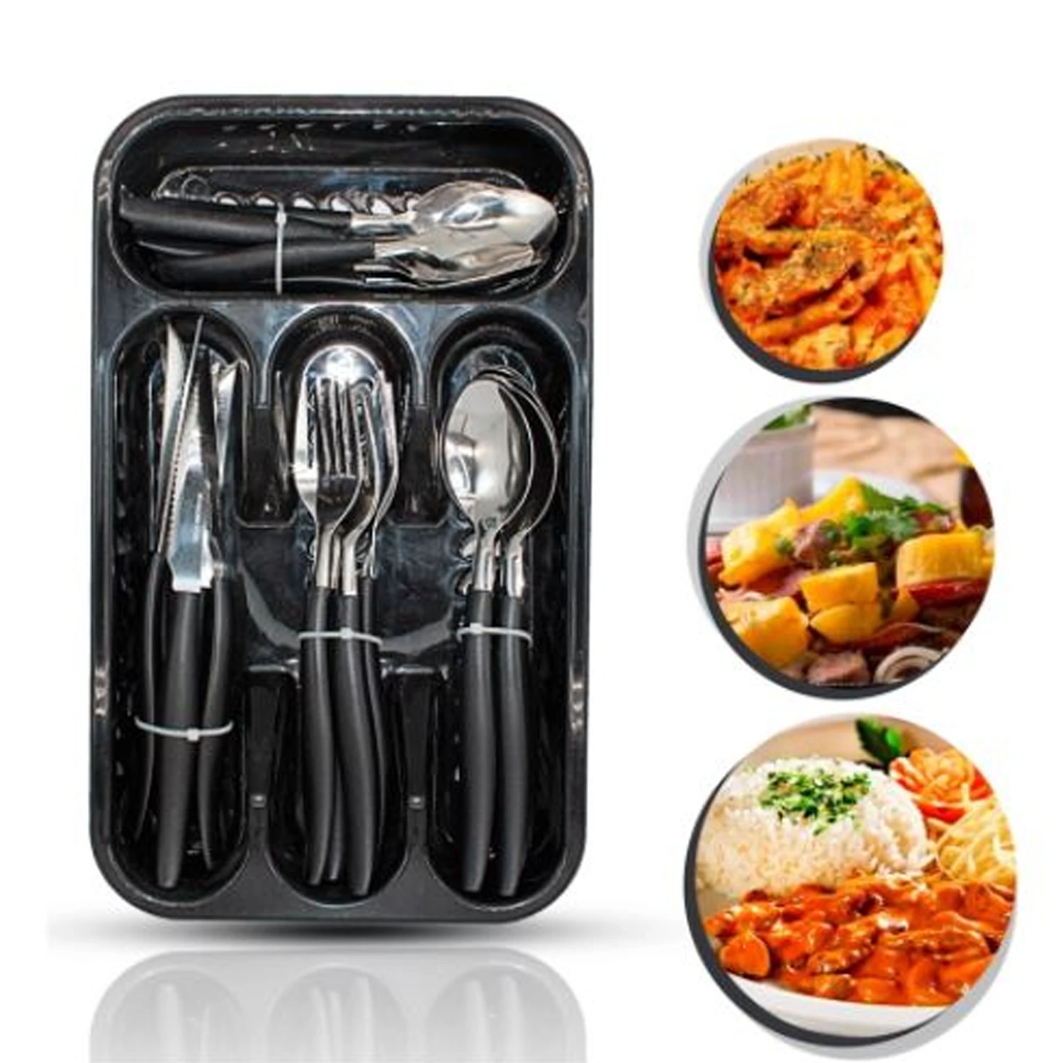 Jogo de Talheres inox 25 peças preto faco colher + porta talher aço ...