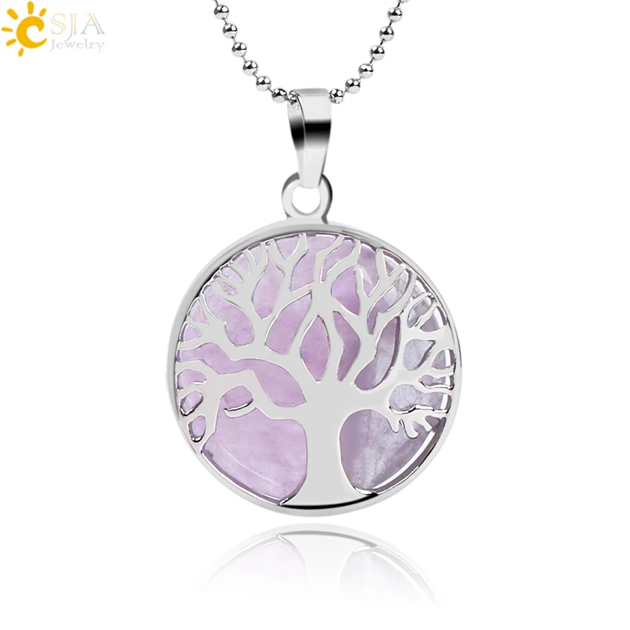 CSJA Natürliche Runde Edelstein Stein Kabbalah Baum des Lebens Halsketten Anhänger Rosa Quarz ...
