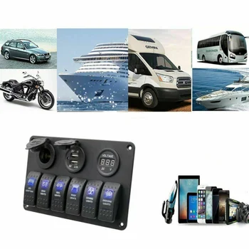 6 Gang Marine Boat Rocker Switch Panel LED Voltage Display+5V 3.1A USB ...