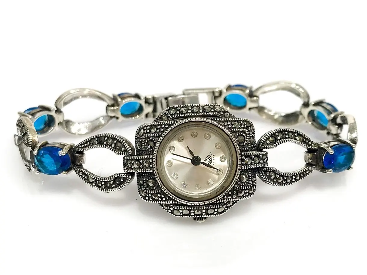 Marcasite Sapphire Stone Japanese Machine Silver Watch