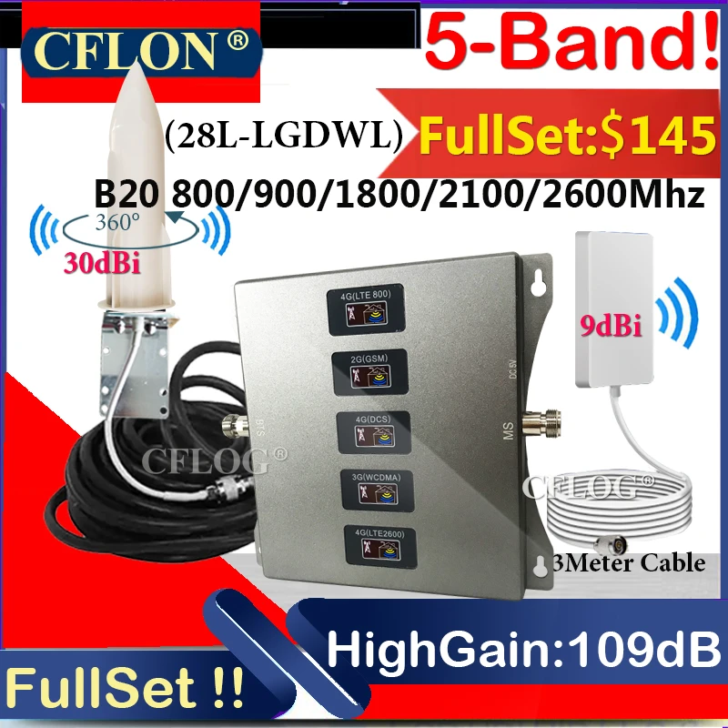 Hot!! B20 800 900 1800 2100 2600mhz Five-band 2g 3g 4g Cellphone Cellular Amplifier Gsm Repeater ...