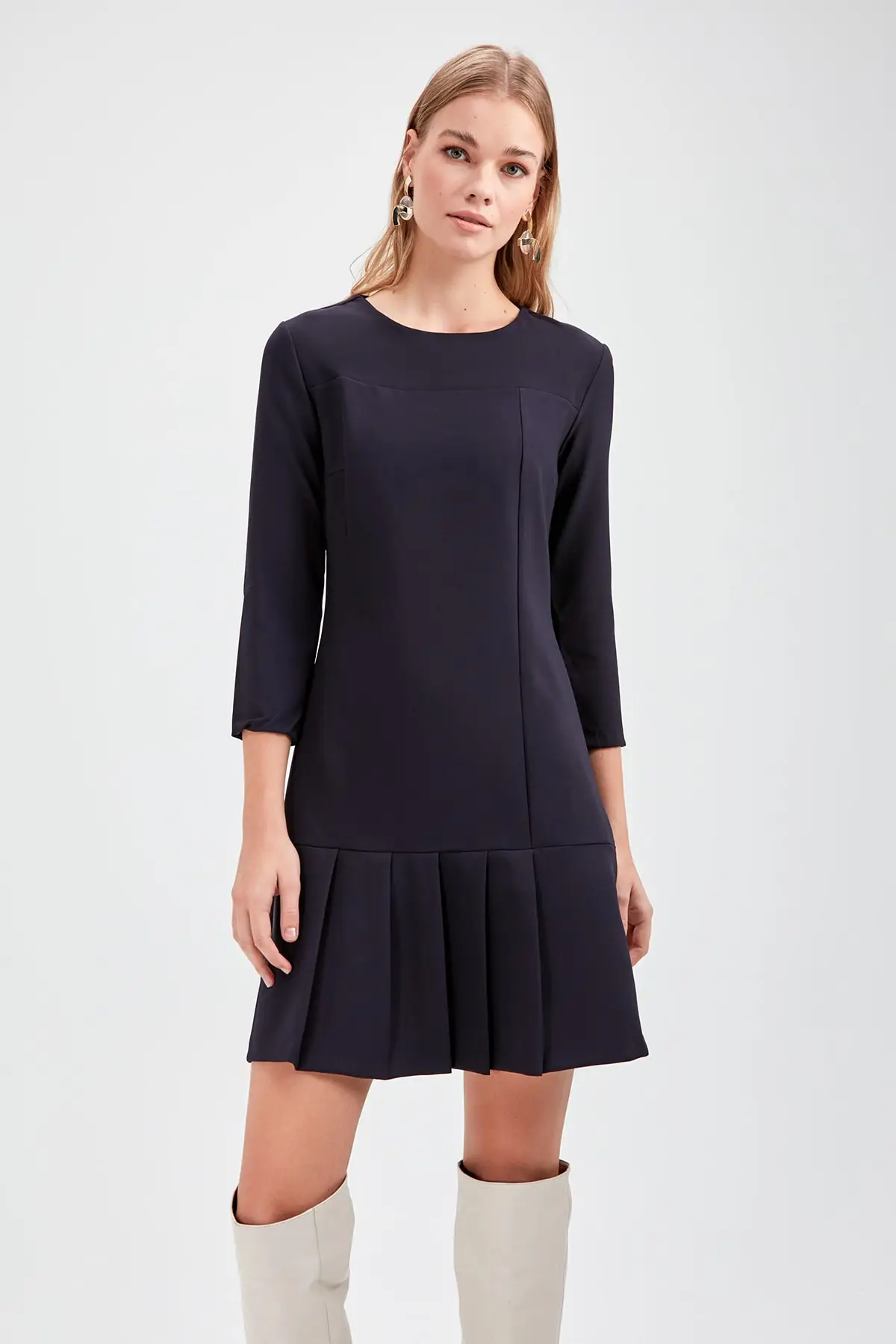 Trendyol Lacivert Pili Detaylı Elbise TOFAW19BB0634|Elbiseler| - AliExpress