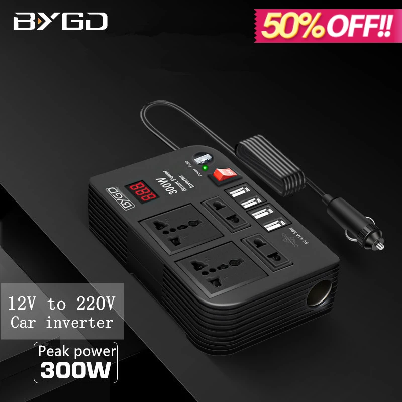 Bygd 300w inversor do carro dc 12v para ac 220v conversor tomadas 4 usb de carregamento rápido ...