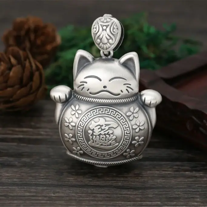 925 Sterling Silver Good Fortune Lucky Cat Pendant with Flower for Necklace