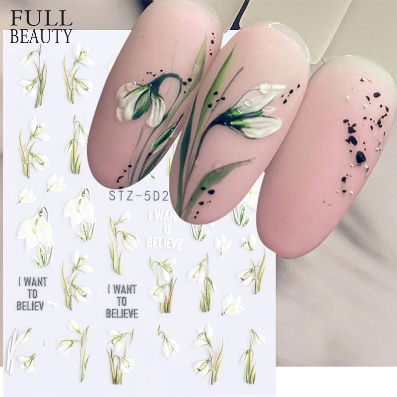 5D Snowdrop Flower Nails Charms Embossed Nail Stickers Engraved Bouquet ...